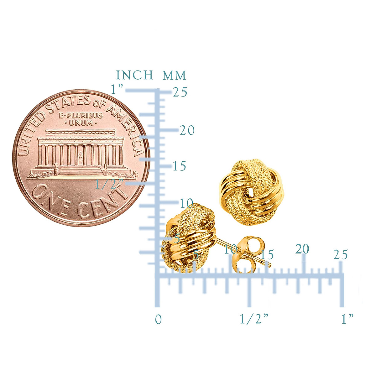 10k Yellow Gold Shiny And Textured Triple Love Knot Stud Earrings, 9mm