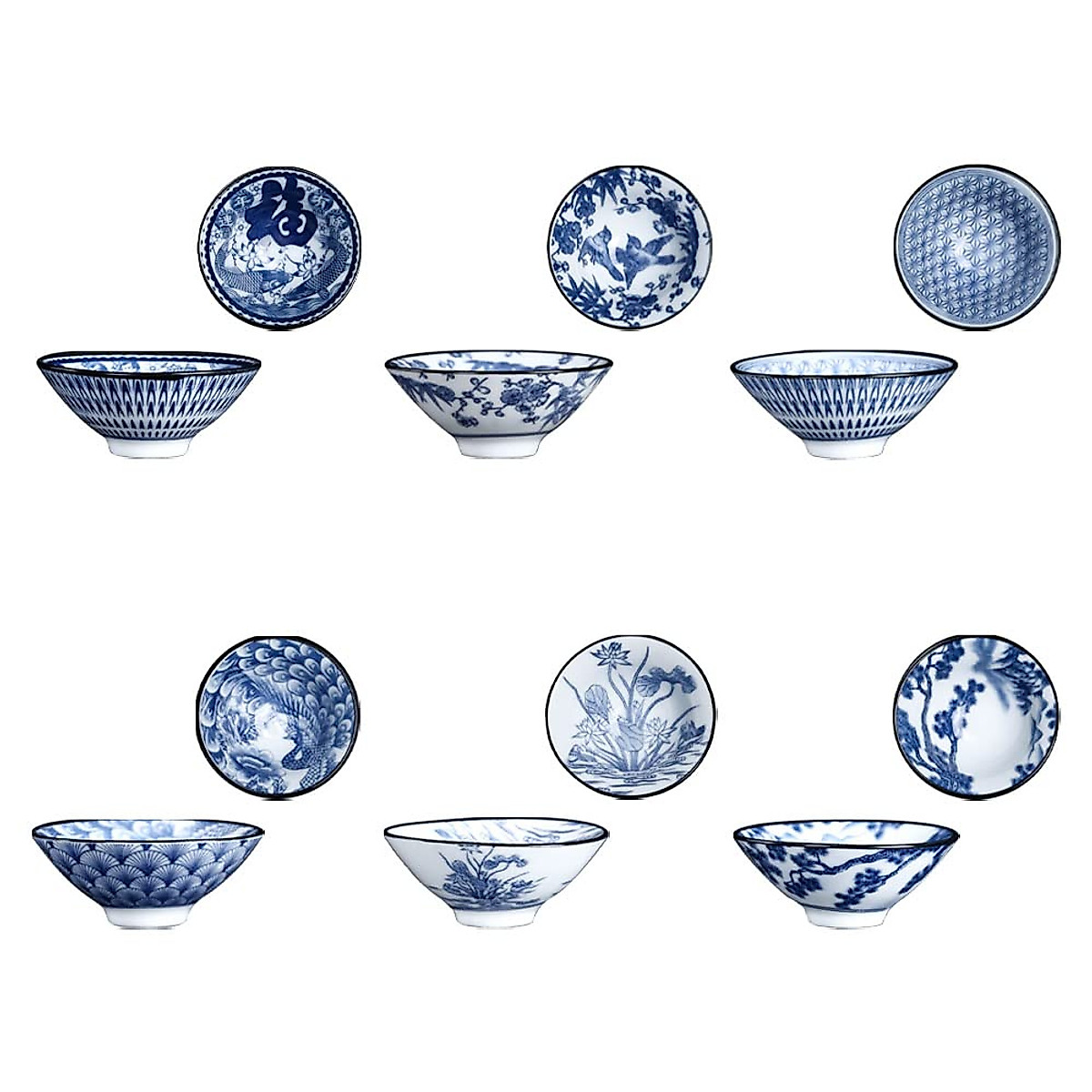 Vitbunana Kung Fu Tea Cup Set of 6, Chinese Tea Cup, 1.69oz Blue and White Porcelain Tea Cup (Style One)