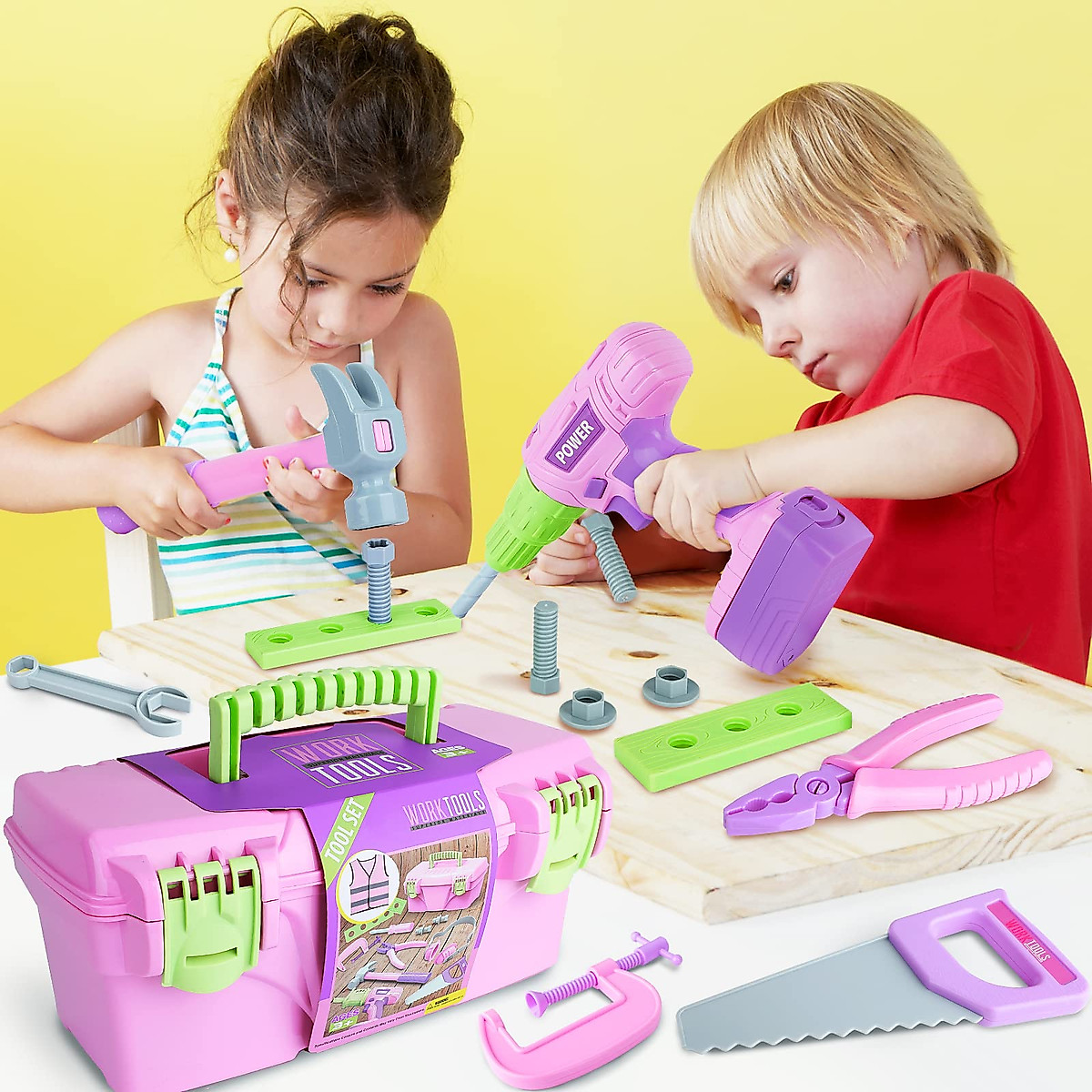 Kids Tool Set with Electric Toy Drill Tool Box for Girls, Pink Toddler Tool Set Kids Power Construction Pretend Play Tools Set Toy Hammer Tools Kit for 3 4 5 6 7 8 Year Old Girls Boy Kids Toddlers Toy