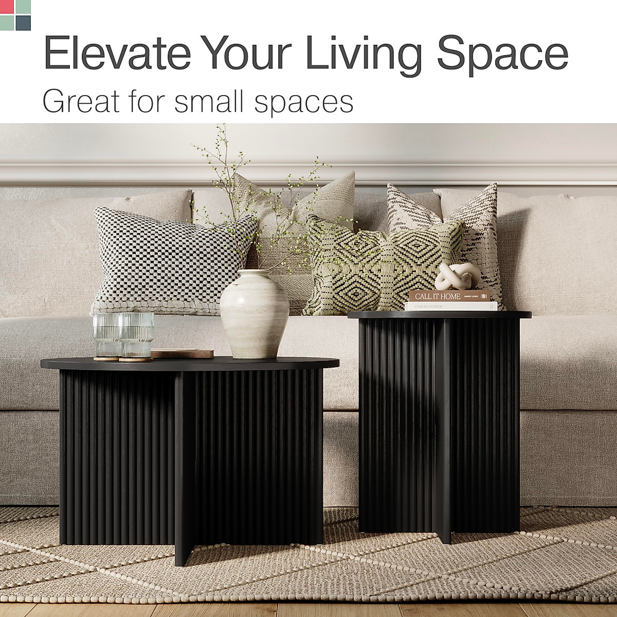 Round Fluted Nesting Coffee Table - 2 Piece Coffee Table Set - Living Room Furniture - Modern Home Decor - Solid Wood Base and Wood Grain Veneer Top (Blackened Oak)