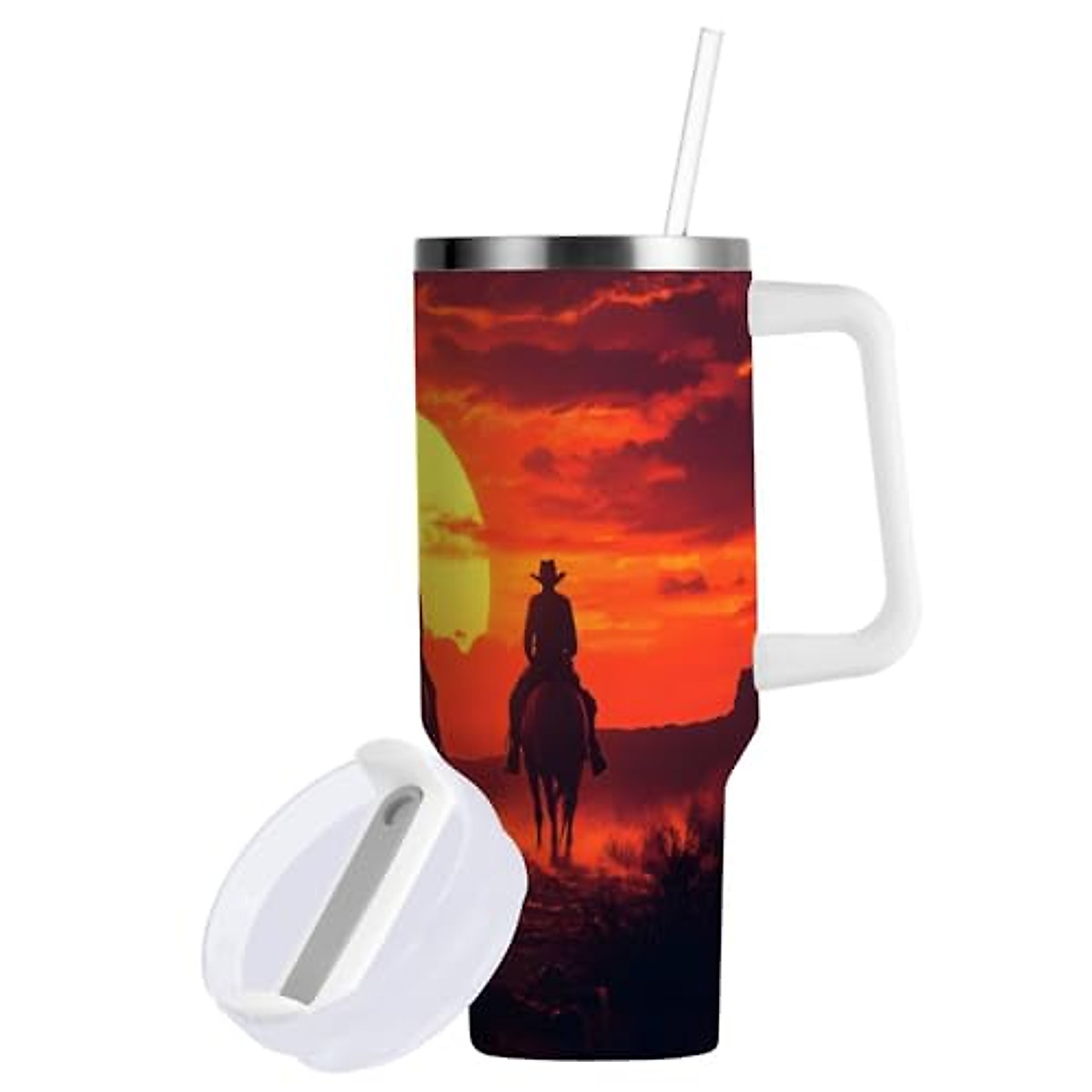 Jihqo Sunset Western Cowboys 40 oz Stainless Steel Vacuum Insulated Tumbler with Handle and Straw Lid, Leakproof Water Bottle Double Wall Travel Mug Coffee Cup, Cupholder Friendly