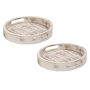 Winlay Decorative Coffee Table Tray, Set of 2 White, Wooden Round Serving Tray for Living Room, Wood Ottoman or Side Table, Charcuterie Board Cheese Platter, Fruit Baskets, White Distress, 12x12x1.5