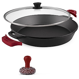 Cuisinel Cast Iron Skillet + Glass Lid + Red Chainmail Scrubber - 15"-Inch Dual Handle Braiser Frying Pan + Silicone Handle Covers - Pre-Seasoned Oven, Grill, Stovetop, Fire Cookware - Indoor/Outdoor