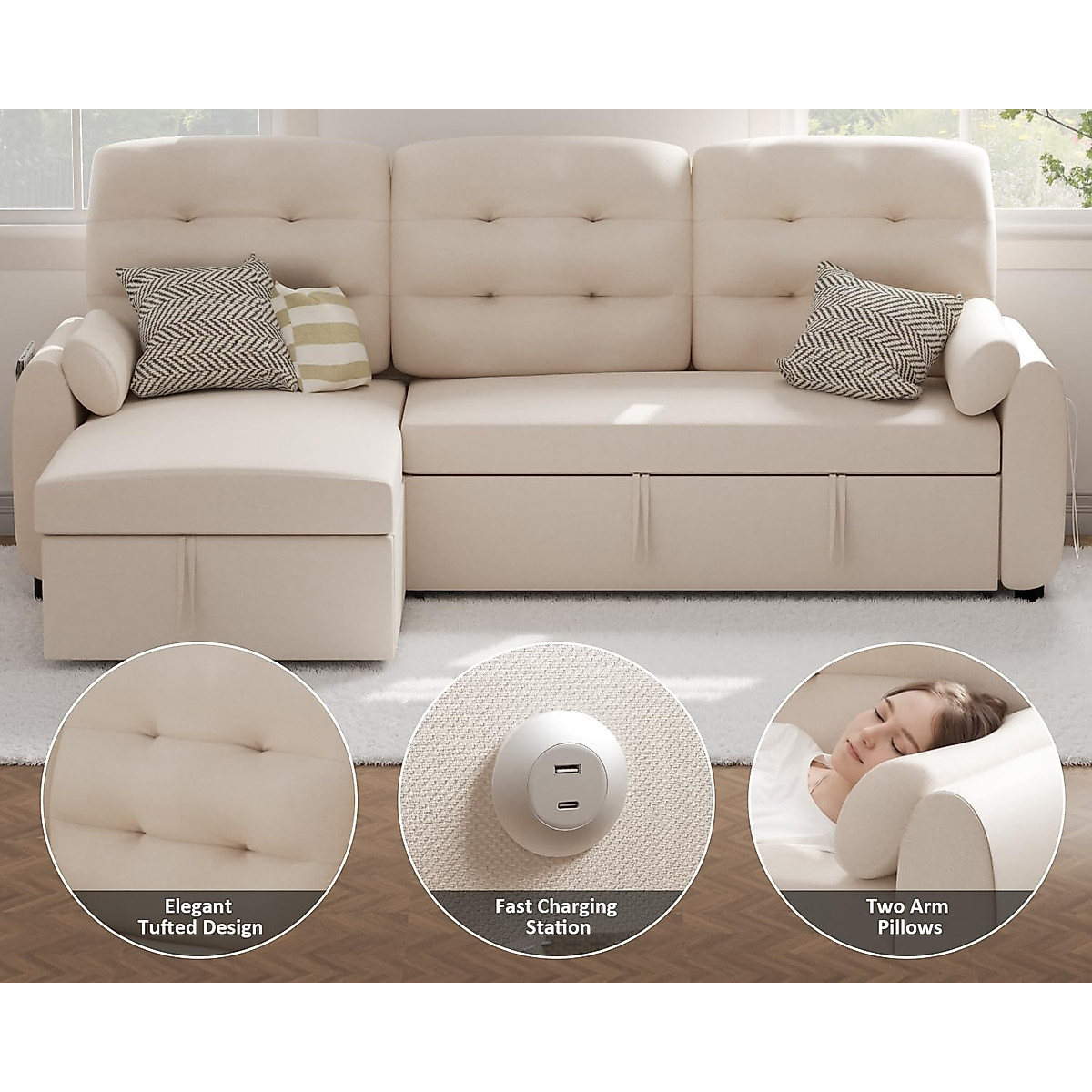 Ucloveria Sectional Sofa Couch, 87" Sleeper Sofa Bed with Reversible Storage Chaise Pull Out Couch for Living Room | Side Pocket | Charging Station | Removable Backrest | Linen Fabric, Beige