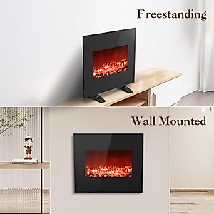 LifePlus Wall Mounted Electric Fireplace, 26 Inch Freestanding LED Fireplace Heater with Remote Control, Adjustable 10 Flame Colors, 12H Timer, Logset Crystal, 750w/1500w Modern Black
