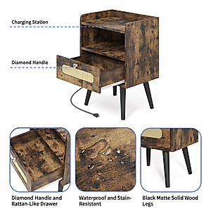 AGDULL Diamond Handle Nightstands Set of 2 with Charging Station, Bedside Table with Solid Wood Legs, End Table with Rattan Drawer, Rustic Brown