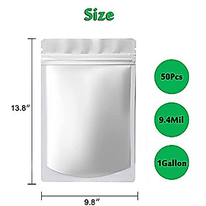 50 Pcs Mylar Bags 1 Gallon for Food Storage, Extra Thick 9.4 Mil 9.8'' x 13.8'' Standable Resealable Ziplock Food Grade Bags for Packaging Food, Coffee Beans, tea, grains, etc Products