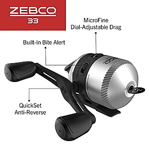 Zebco 33 Micro Spincast Fishing Reel, Size 10 Reel, Changeable Right- or Left-Hand Retrieve, Built-In Bite Alert, Durable All-Metal Gears, Pre-Spooled with 4-Pound Zebco Cajun Line, Silver/Black