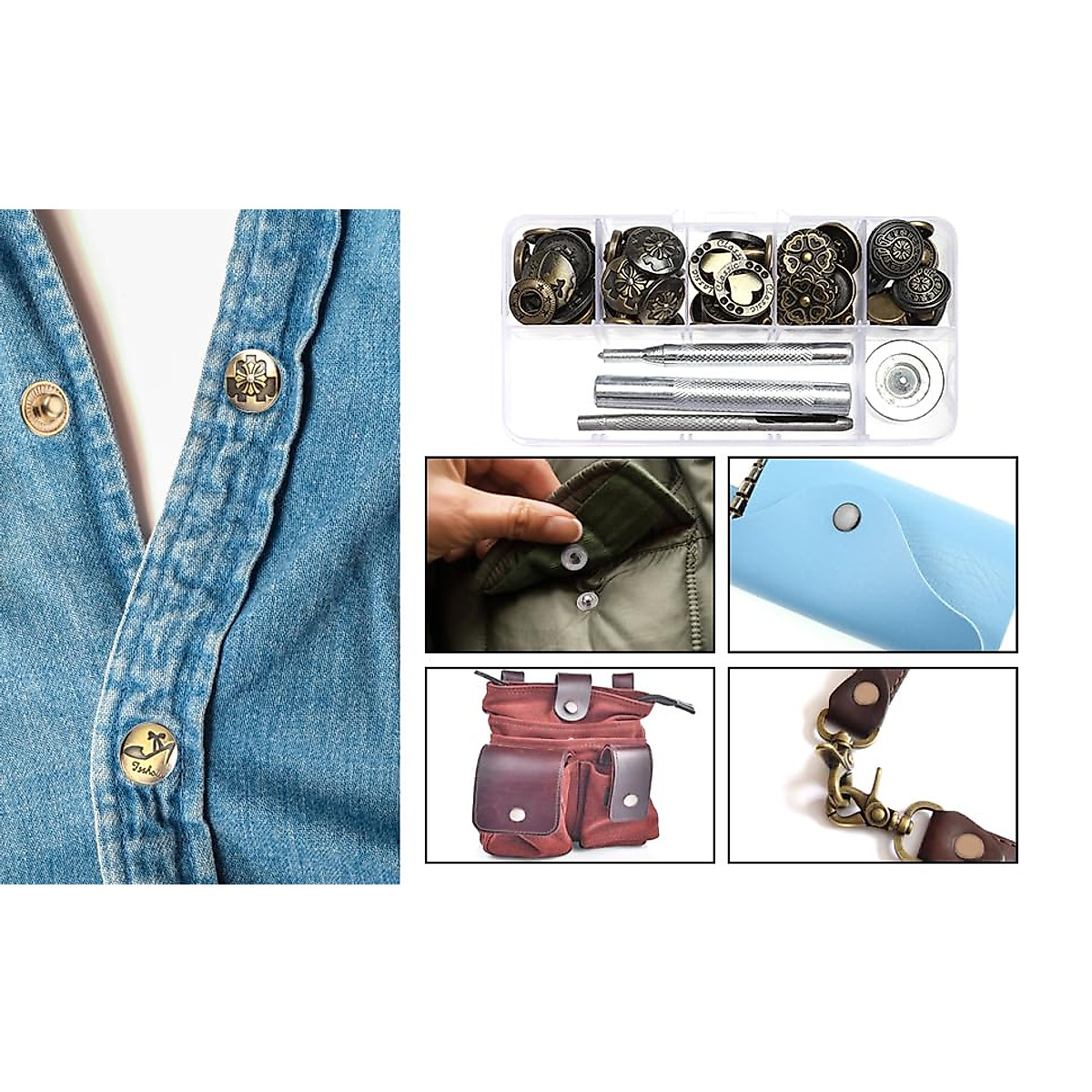 40 Sets Snap Fasteners Kit, 17 mm Big Size Metal Clothing Snaps Kit with Fixing Tools, Leather Rivets+Buttons Press Studs+Double Cap Rivet for Bracelet, Bags, Leather, Coat, Down Jacket, Jeans Wear