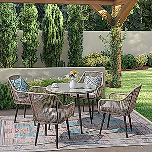 JOIVI 5 Piece Outdoor Dining Set, Wicker Patio Furniture Dining Table and Chairs Set with Cushions for 4 People, Tempered Glass Tabletop with 2.16” Umbrella Hole, for Lawn, Backyard, Garden