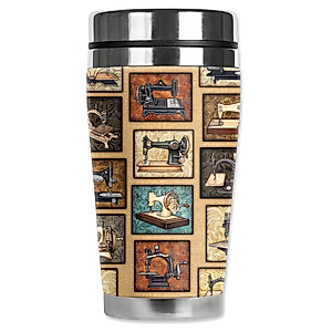 Mugzie Vintage Sewing Machines Travel Mug with Insulated Wetsuit Cover, 16 oz, Black