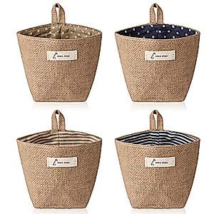 JIAKAI 4pcs Mini Hanging Storage Bag，Cotton Linen Small Storage Basket Decor Bin Bag with Handle, for Wall Door Closet