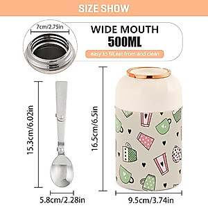 Coffee Cups with Green Pink Hearts on Gray Kids Womens Insulated Food Jar Containers with Spoon 17oz/500ml Food Jar Insulated Stainless Steel Vacuum Food Warmer Thermal Lunch for Insulated Hot Food