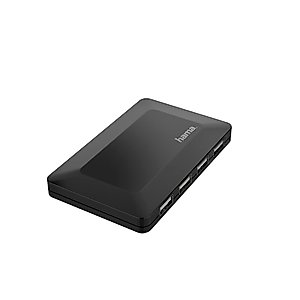Hama USB 2.0 Hub 4-Way Adapter (Splitter with 4 Ports, External USB Splitter with Power Supply USB Cable for PC, Notebook, Laptop with Windows or Mac OS) Black