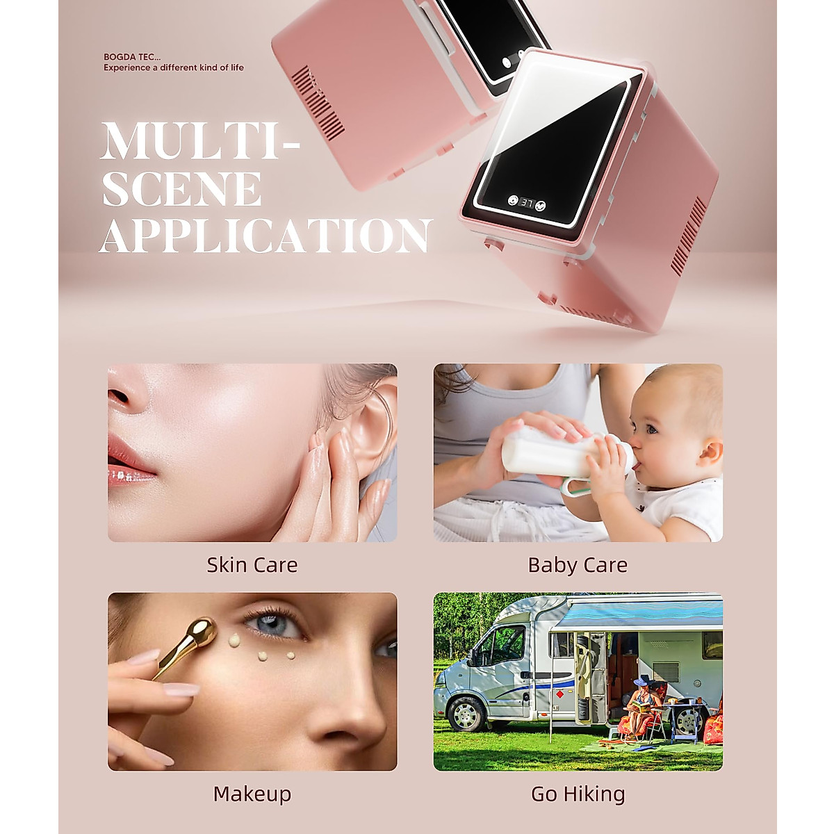 BOGDA 4L Mini Skincare Fridge with Dimmable LED Light Mirror, Cooler and Warmer Temperature Control Digital Display, Portable Cosmetic Refrigerator for Makeup, Skin Care, Bedroom Office Car, Pink