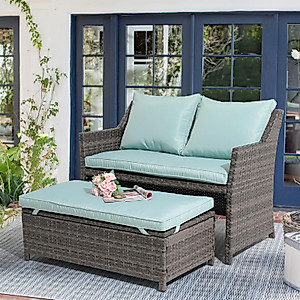 OC Orange-Casual 2-Piece Outdoor Patio Furniture Wicker Love-seat and Coffee Table Set, with Built-in Storage Bin, Grey Rattan, Green Cushions