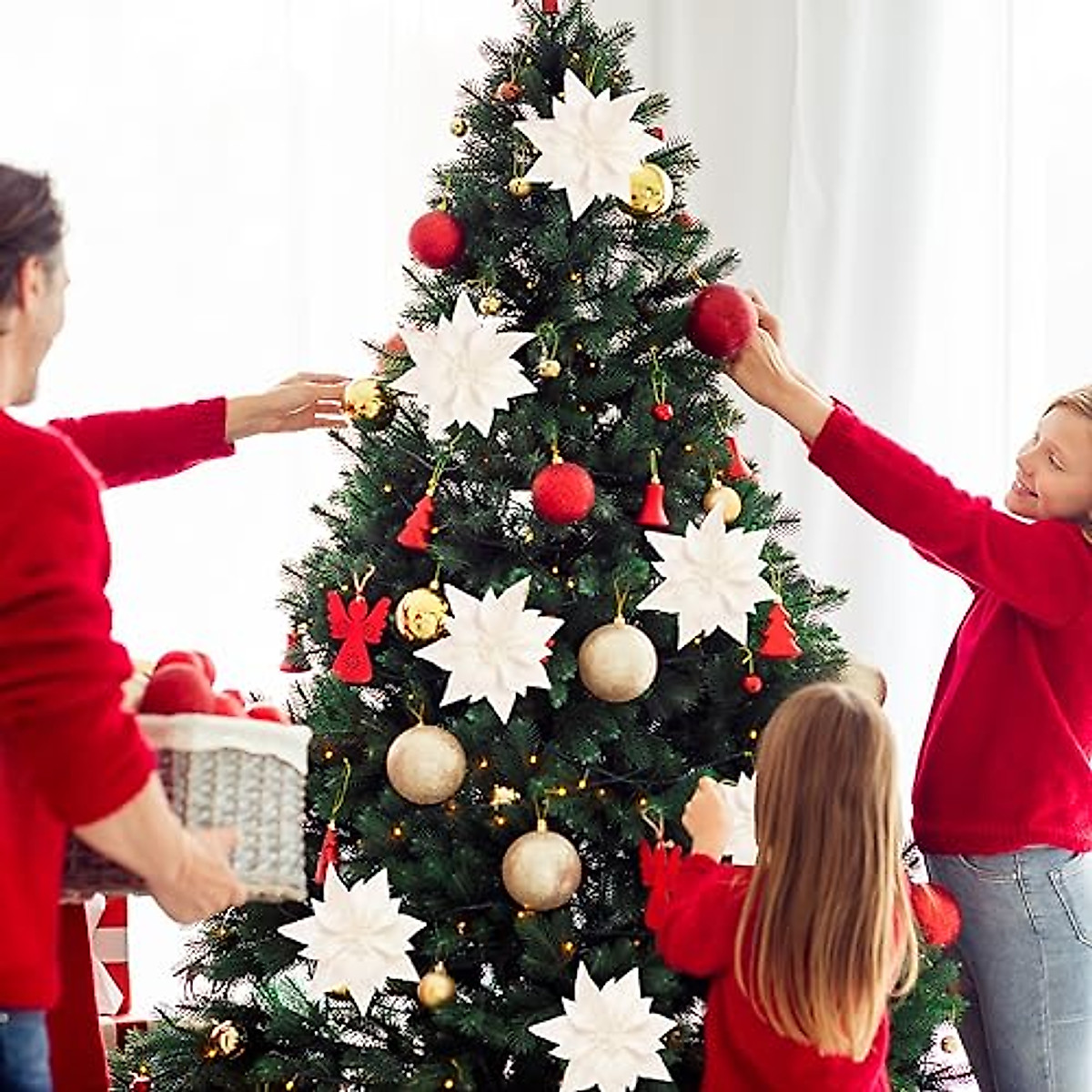 CEWOR 12 Pcs Christmas Tree Decor Flowers Glitter Artificial Poinsettia Flowers with Clips and Stems for Xmas Wedding Party Wreaths Decorations, 6.7 Inch (White)