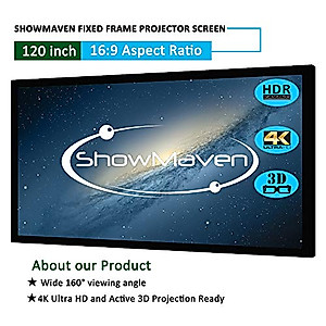 ShowMaven 100in /120in Fixed Frame Projector Screen, Diagonal 16:9, Active 3D 4K Ultra HD Projector Screen for Home Theater or Office (120inch)