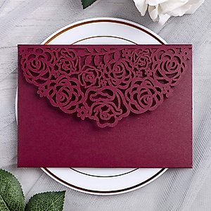 YIMIL 20 Pcs 5.12 x 7.21 inch Tri-fold Laser Cut Wedding Invitation Pocket for Wedding Quinceanera Bridal Shower Baby Shower Party Invite (Burgundy)