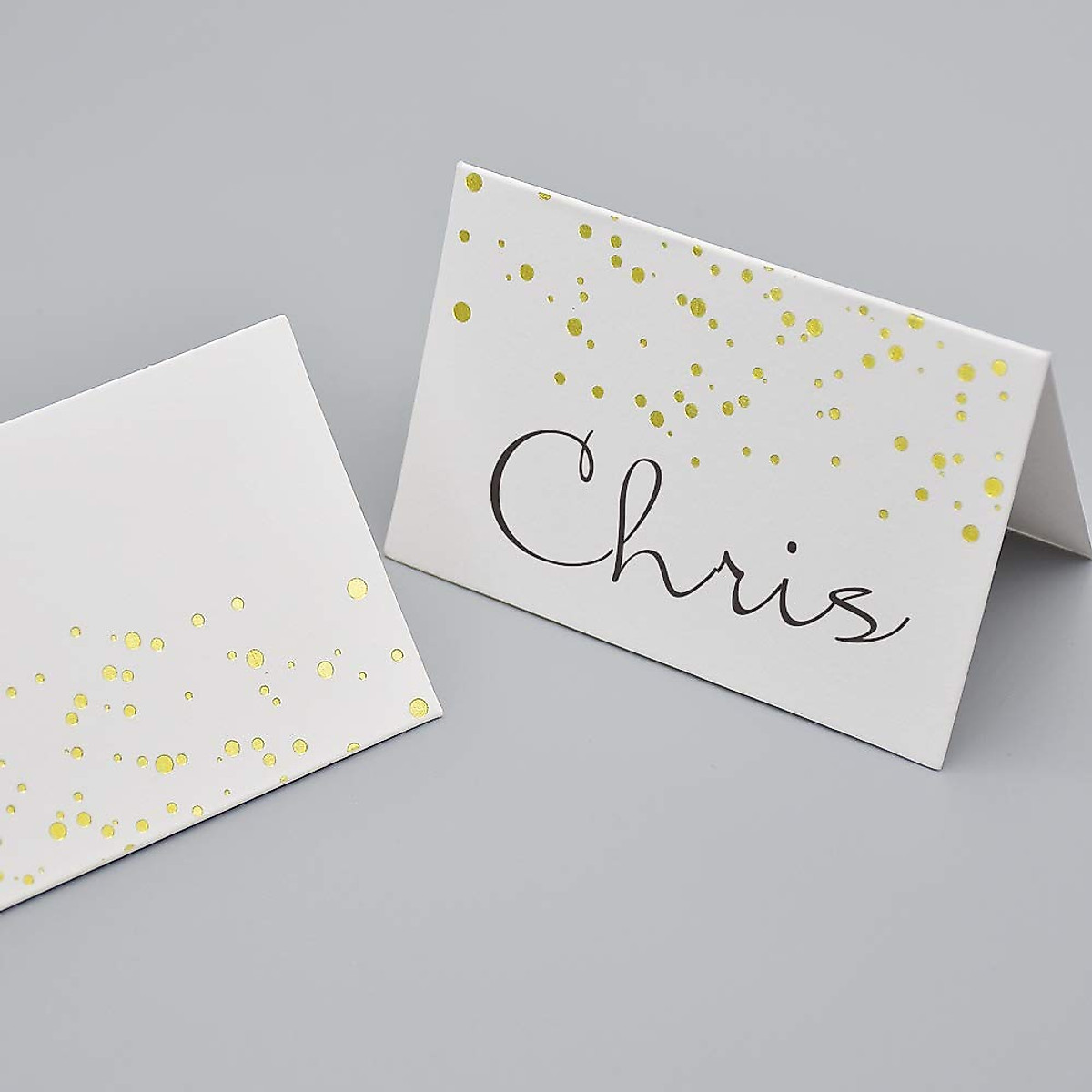 AZAZA 50 Pcs Place Cards with Gold Foil Dots - Textured Table Tent Cards Seating Place Cards for Weddings Banquets Dinner Parties 2.5" x 3.75" (Dots - Gold)
