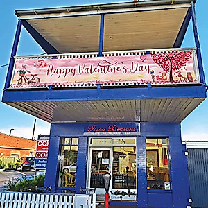 Large Happy Valentines Day Banner Outdoor Decorations 120" x 20" Valentine's Yard Sign Pink Hearts Tree Bicycle Balloons Bears Flowers Birds Holiday Party Supplies Valentine Backdrop Home Decor with Brass Grommets for Garden House Fence Garage Indoor Gift