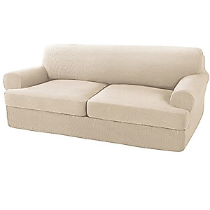 3 Pieces Sofa Covers T Cushion Sofa Slipcovers for 2 Cushion Couch Stretch Couch Cover Soft Sofa Slip Cover Furniture Covers with 2 Individual T Cushion Seat Covers (2 Cushion Sofa, Biscotti Beige)