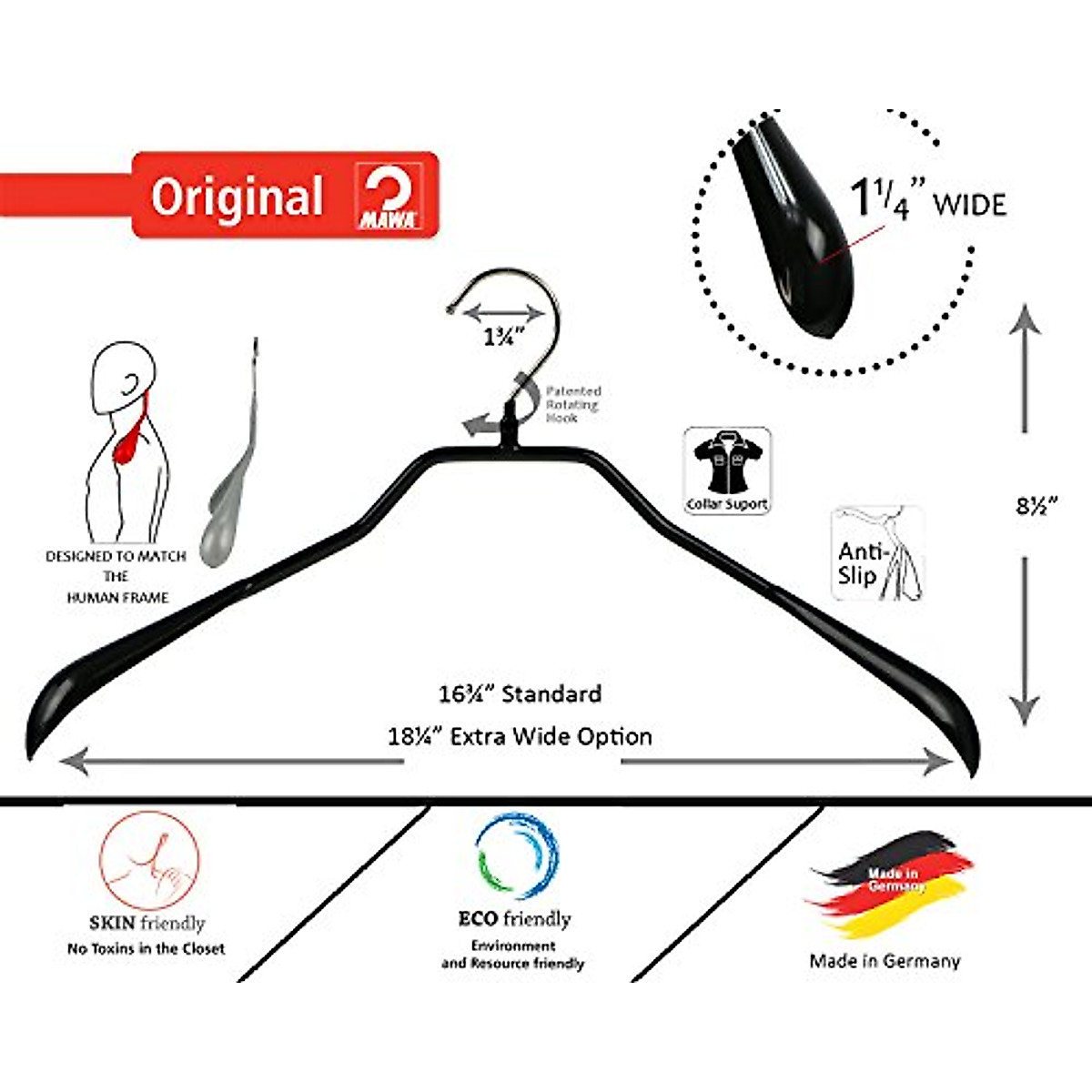 Mawa by Reston Lloyd BodyForm Series Non-Slip Space-Saving Clothes Hanger for Jackets, Suits & Coats, 16-1/2", Style 42/L, Set of 5, Red