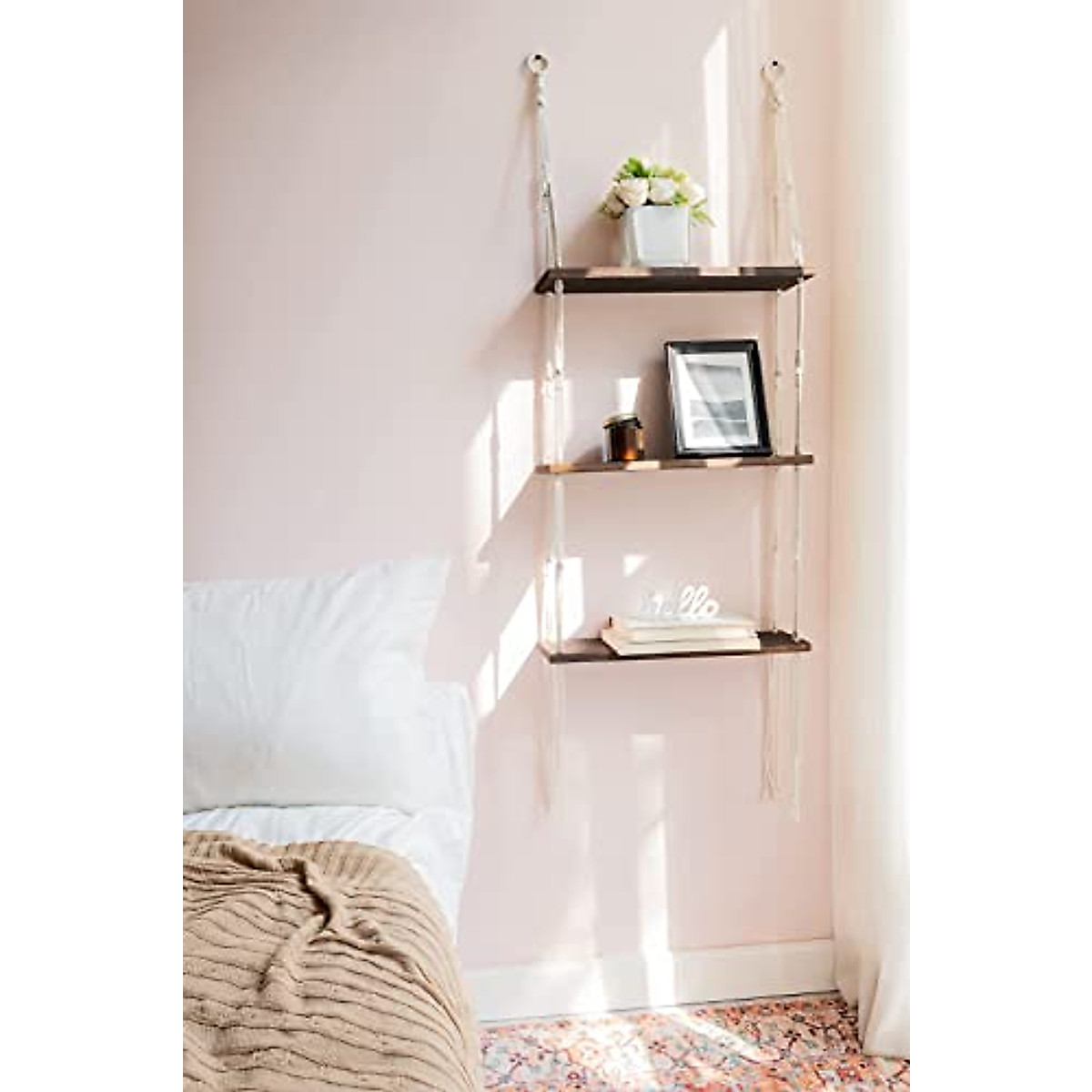 Mkono Macrame Wall Hanging Shelf 3 Tier Wood Floating Shelves with Cute Woven Rope Boho Room Decor Display Photos Plant Hanging Storage Shelves for Bathroom, Bedroom, Living Room, Nursery