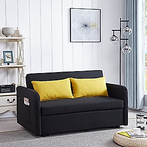 LyuHome Convertible Sofa Bed, Pull Out Sleeper Sofa Bed Couch with USB Socket, Loveseat Sleeper Sofa with Adjustable Backrest, 2 Pillows and Arm Pockets for Living Room (Black)