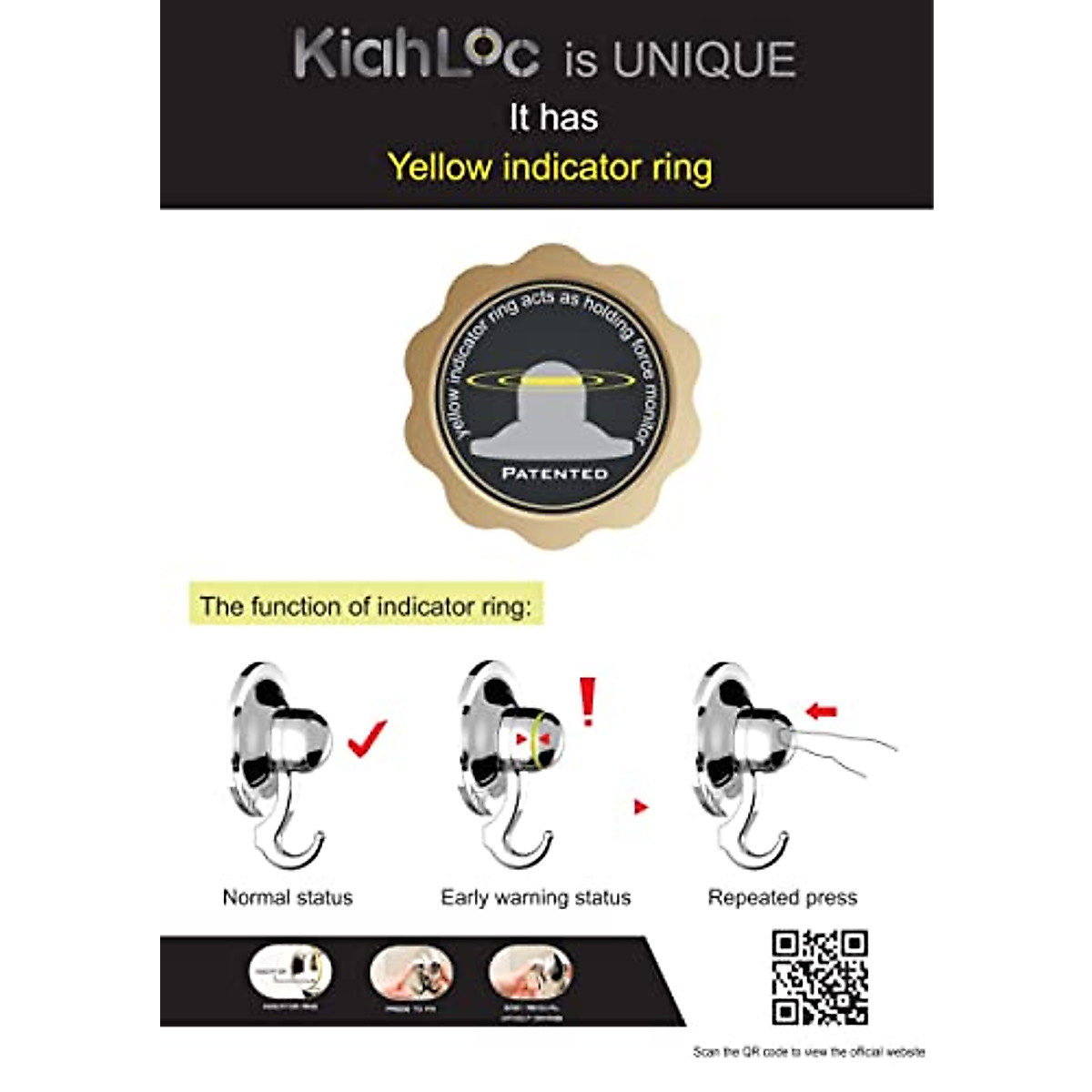 KiahLoc Patented Yellow Ring Indicator Suction Cup Hooks, Kitchen Hooks Removable Wall Vacuum Holder for Smooth Tile, Glass and Mirror( 4 Pack) (#56 (6.6 LB), Black)