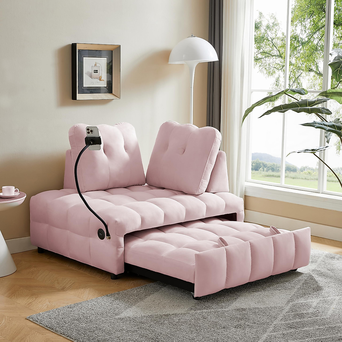 ECKF 3 in 1 Velvet Loveseat Pull-out Sofa Couch w/Pullout Bed, Convertible Sleeper Sofa Bed w/Removable Backrest, Love Seat Lounge Sofa w/Have USB Port and Swivel Phone Stand for Living Room (Pink)