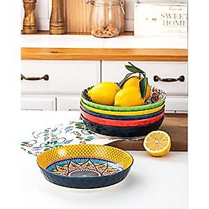 HENXFEN LEAD Pasta Salad Bowls Set of 6, Wide and Shallow Serving Dishes 27 Oz - 8 Inch Porcelain Soup Plates for Dinner, Kitchen and Eating - Bohemian style