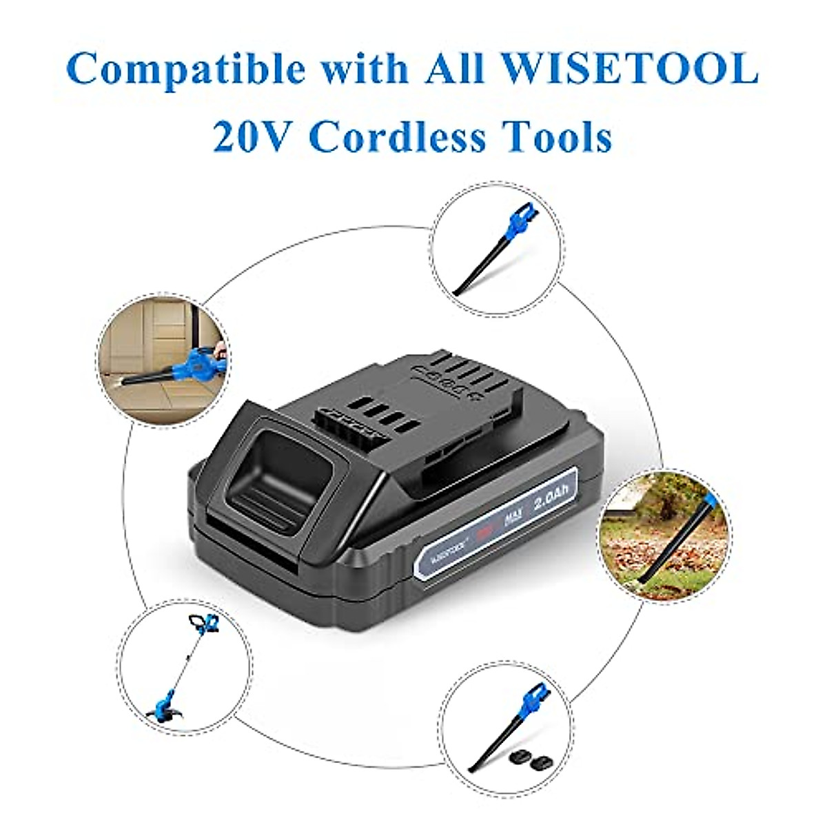 WISETOOL 2000mAh 20V Replacement Battery,20V MAX Lithium Ion Rechargeable Battery with Real-time Capacity Indicator,2000MAH Battery Pack,Only Compatible 20V Cordless Tools