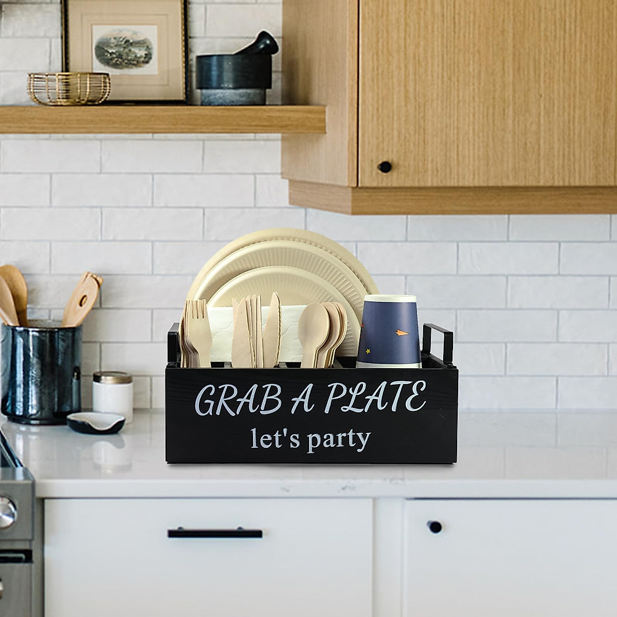 Paper Plate Holder, Utensil Caddy Organizer, Wood Paper Plate Dispenser, Silverware Caddy Holder, and Disposable Coffee Bar Accessories Box for Kitchen Counter, Party, Camping, Picnic (6 compartment)