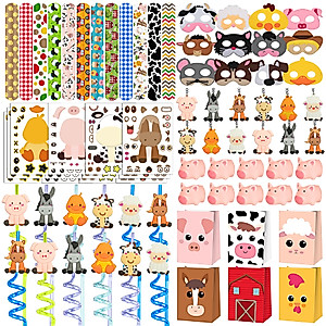 Farm Animals Party Favors Set 84 PCS Barnyard Animal Masks Sticker Keychains Straw Slap Bracelet Rubber Pigs Gift for Kids Birthday Party Baby Shower Goodie Bag Fillers Supplies