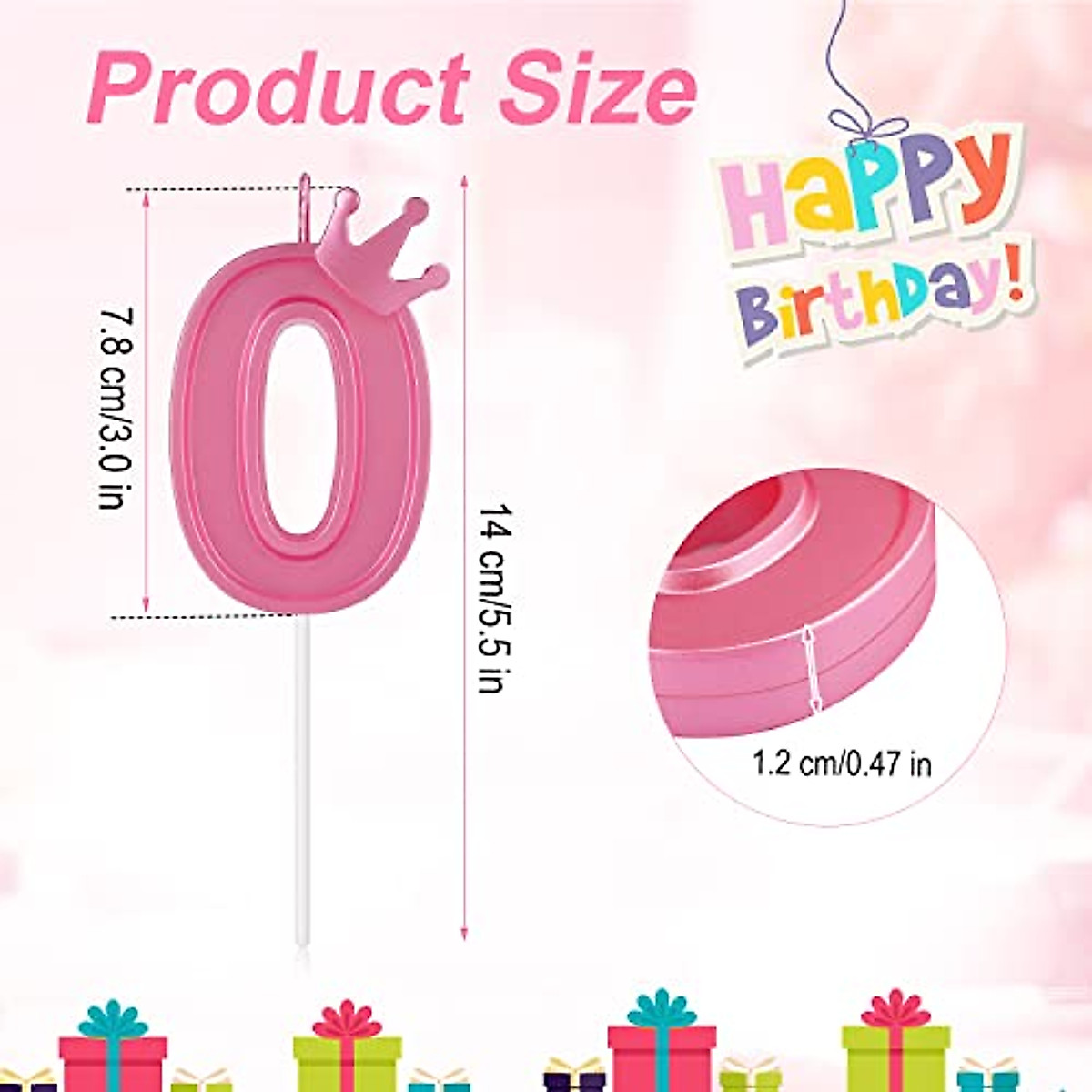 3 Inch Birthday Number Candle, 3D Number Candle with Crown Decor Large Cake Topper Number Candles for Birthday Cakes Wedding Anniversary Graduation Festival Party (Pink, 0)