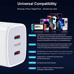 25W Type C Charger Block, USB C Cube Dual Port USB C Wall Adapter C Wall Charger Box Fast Charging Brick for Samsung A15 5G/S24 Ultra/S23/S22FE/S21/A03s/A53, iPhone 15/14/13/12/11/SE/X,Pixel 8 Pro