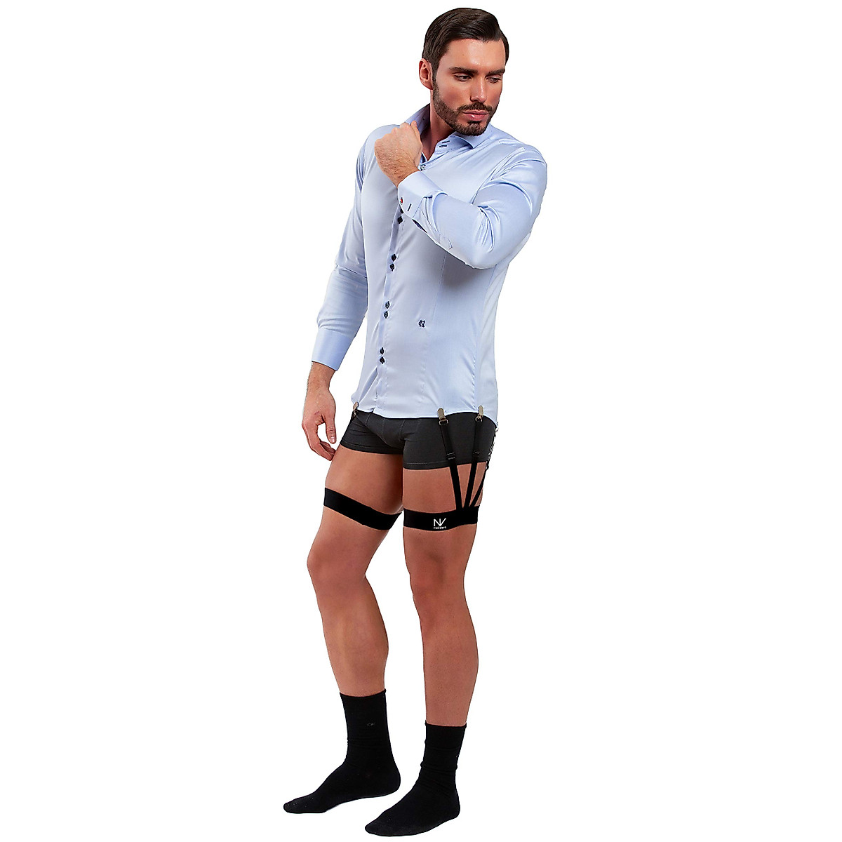 NV Holders Improved 2.0, with improved clasps; premium shirt stays, shirt holders, shirt garters, shirt tuckers for men (Black, Medium (21.5-23.5 inches on thigh's thickest part))