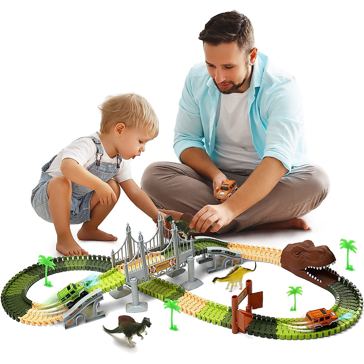 EagleStone 194 Pcs Dinosaur Race Car Tracks Set for Kids,Flexible Train Tracks to Create A Dino World Road with Bridge,2 Electric Cars with LED Light,Best Gift for Toddlers Boys and Girls
