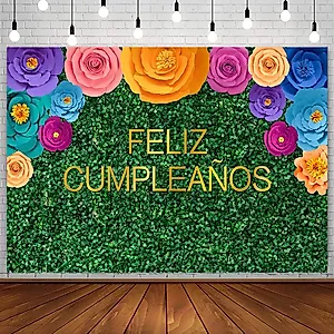 AIBIIN 7x5ft Feliz Cumpleaños Backdrop Mexican Fiesta Encanto Happy Birthday Party Photography Background Greenery Floral Green Leaves Mexico Cinco De Mayo Carnival Bday Cake Table Decoration Banner