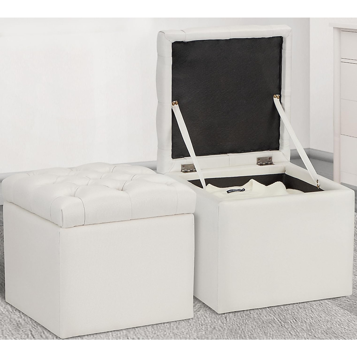 JOMEED 17 Inches Storage Ottoman Cube Set of 2, Linen Fabric Ottoman with Storage for Bedroom, Living Room, Dorm, Button Tufted, No Assembly Required(Beige-2)