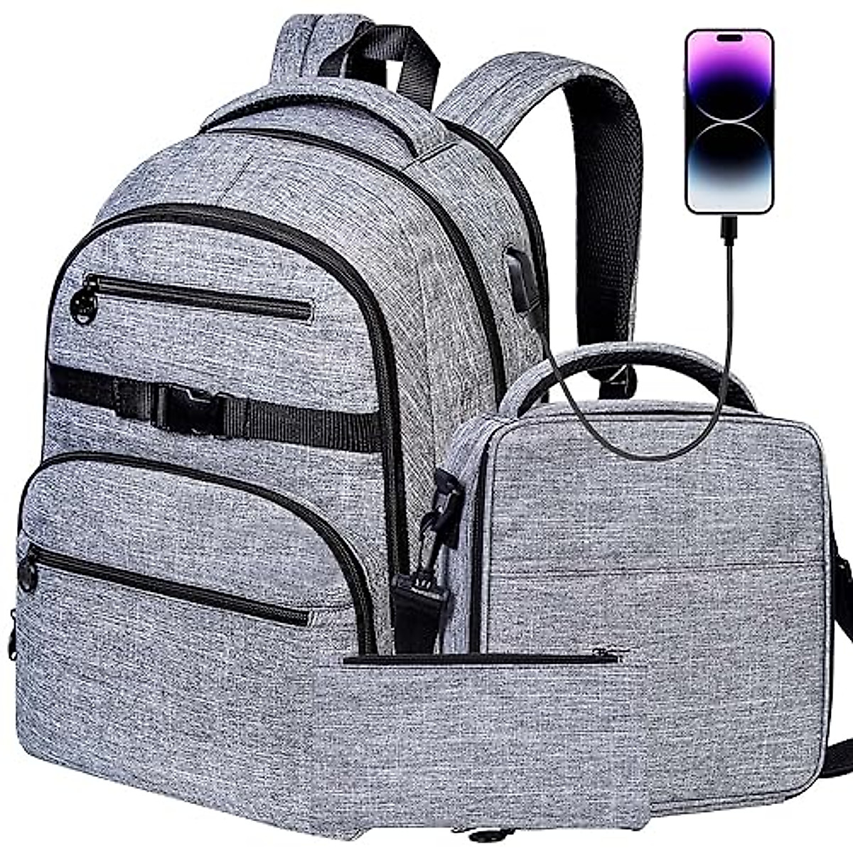 Laptop Backpack, 16 Inch School Bag College Bookbag, Anti Theft Daypack Bags and Lunch Bag Set, Water Resistant Backpacks for Teens Boys Men Students - Grey