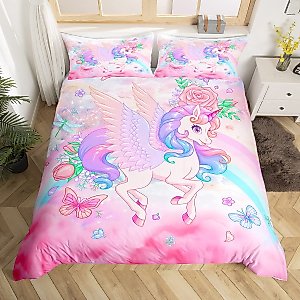 Pink Unicorn Bedding Set King Size Butterfly Flowers Rainbow Duvet Cover 3pcs Cute Horse and Wings Animals Comforter Cover for Kids Girls Boys Room Decor Romantic Cloud Quilt Cover,2 Pillowcases