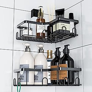 2 Pack Adhesive Corner Shower Caddy, Bathroom Shower Shelf with 20 Hooks, No Drilling Rustproof Stainless Steel Large Capacity Suction Cup Shower Shelves Organizer for Toilet & Kitchen Storage, Black