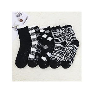 Cosy Encounter Womens Fuzzy Slipper Socks Winter Warm Anti Slip Socks Comfy Thick Thermal Socks Casual Home 5 Pairs White Black One Size, WDCEBS4072SXG5PSN