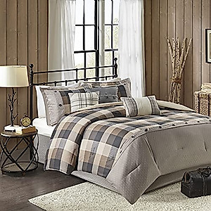 Madison Park Ridge Comforter Set-Cabin Lodge Plaid Herringbone Design All Season Down Alternative Cozy Bedding with Matching Bedskirt, Shams, Decorative Pillow, Queen(90"x90"), Neutral 7 Piece