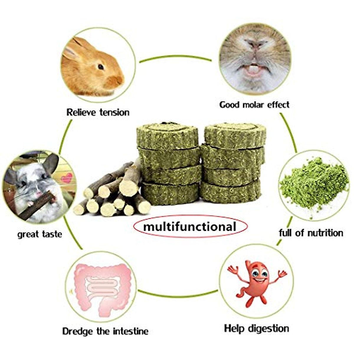 alfyng 3 PCS Bunny Chew Toys for Teeth Grinding, Organic Apple Wood Sticks Pet Snacks Chewing Playing Toys with Grass Cake for Rabbits, Chinchilla, Guinea Pigs, Hamsters and Other Small Animals