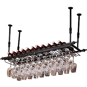 Ceiling Glass Rack Hanging Glass Holder,Height Adjustable,Vintage Goblet Holder,Metalrought Iron Black Rack,Home Bar Kitchen Stand,Ceiling Decorative Shelf