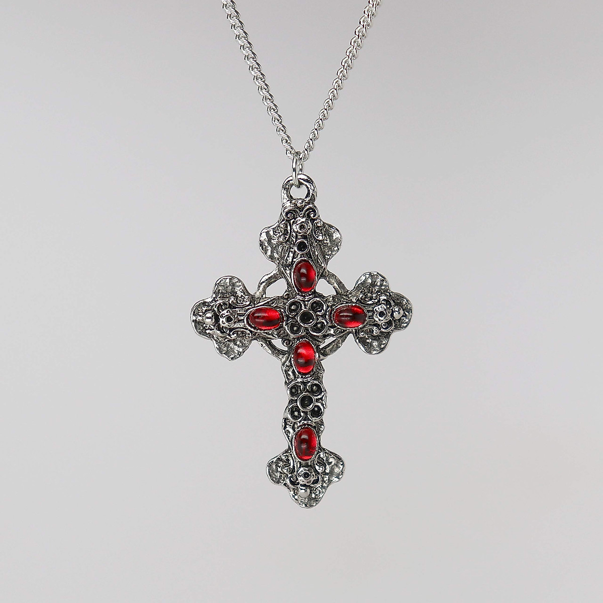 Gothic Filigree Cross with Red Stones Medieval Renaissance Pewter Pendant Necklace