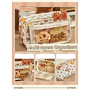 NAPIMICO Flip Top Pencil Case Cute Pencil Pouch with Kawaii Capybara Decors Makeup Bag Aesthetic Pen Holder Office Stationery (Brown)